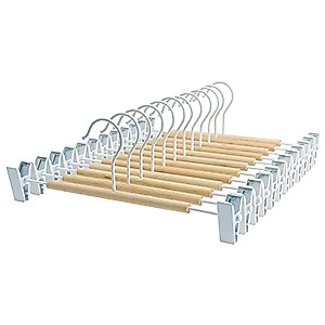 High-Grade Wooden Pants Hangers 12 Pack with Metal Clips Grip Clip Pants Hanger,Iron-Wood Metal Skirt Hangers with Clips,Adjustable Clip Hangers for Pant,Jeans,Skirts,Slacks(Natural)