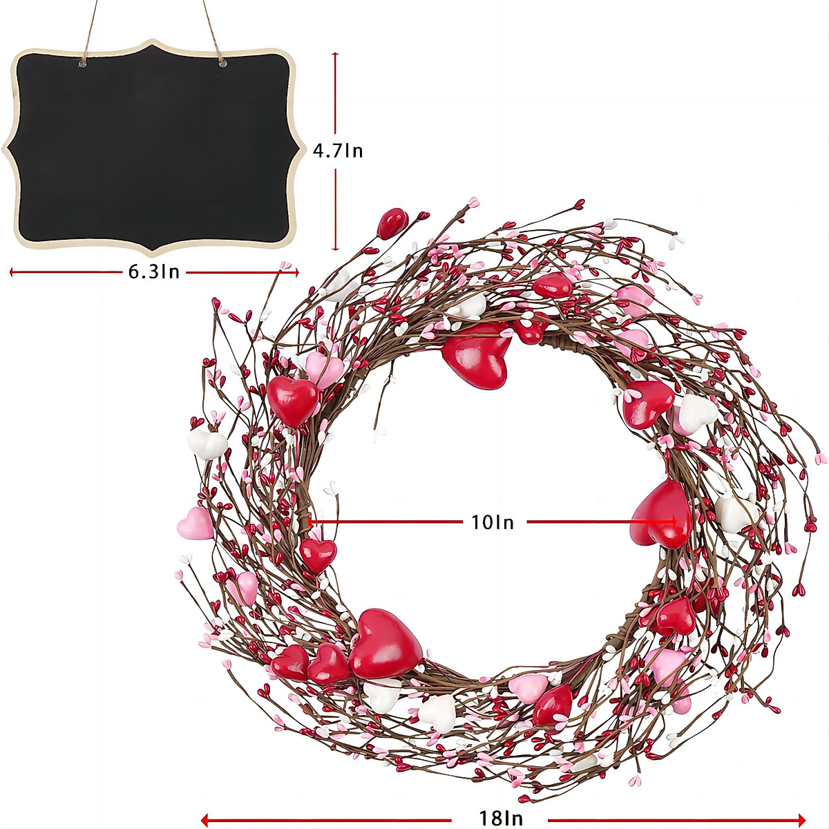 Mothers Day Decorations - 18'' Front Door Wreath, Heart Shaped Wreath Red Pip Berry Rustic Twig Wooden Sign Anniversary Wedding Home Office Wall Decorations (Red)