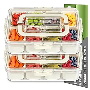 spaclatio Snack Box Container and Divided Serving Tray with Lid and Handle, Dishwasher Safe 8 Removable Compartments Snackle Box Container Multi-purpose as Fruit Tray for Picnic, Beach 1 Pack (White)