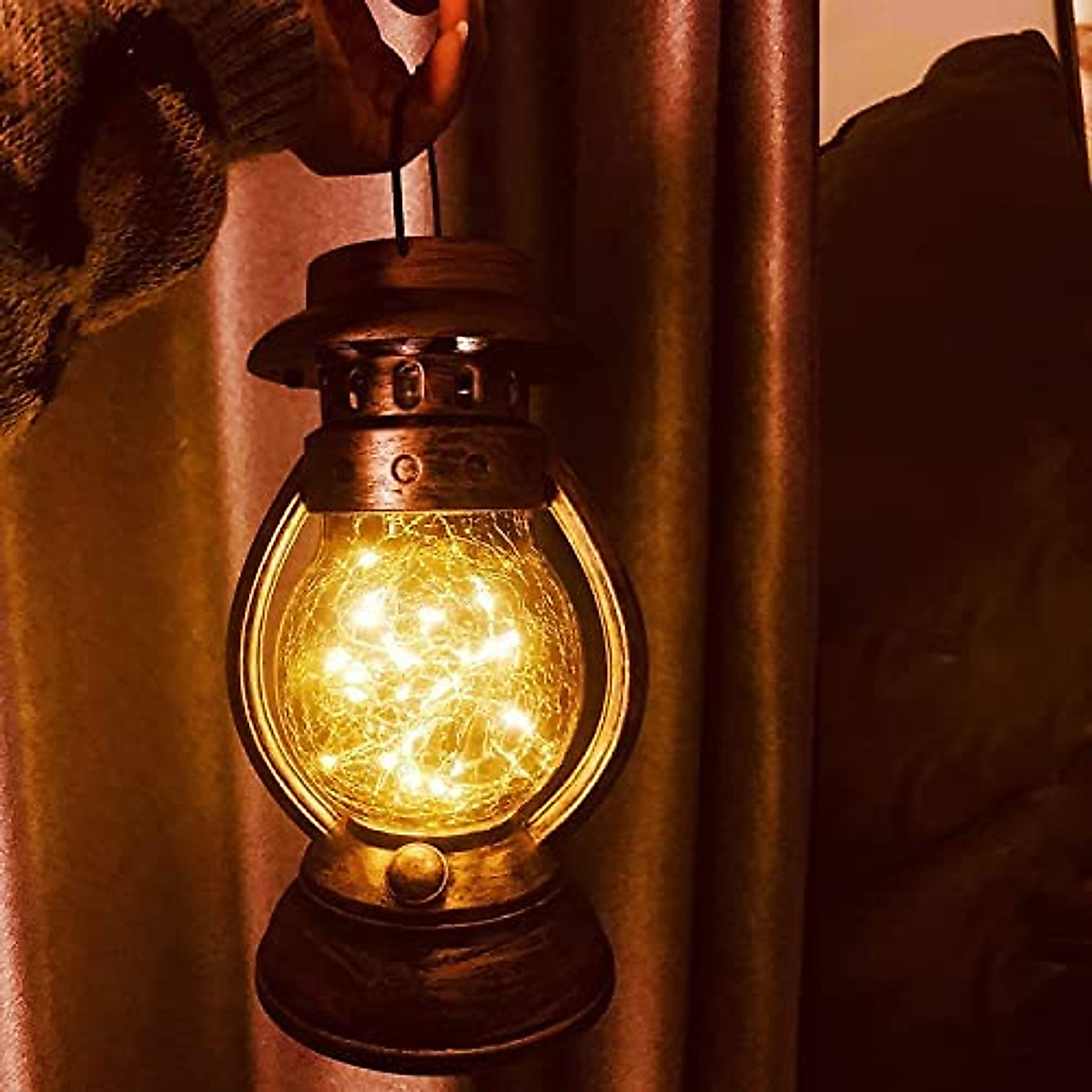 2 Pack Vintage Lantern,Halloween Outdoor Lanterns 2 Modes Option Solar Powered & Battery Operated Cracked Glass Ball Design Waterproof for Table, Garden, Patio,Weddings, Holidays(Warm White)