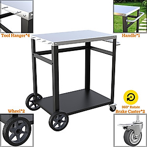 PARTAKER Movable Pizza Oven Trolley/BBQ Grill Cart with 2 Swivel Casters 2 Wheels, Double-Shelf Dining Serving Cart Table, Kitchen Pre-Station Island Countertop Work Bar, L 28-3/4" by W 19-1/2"