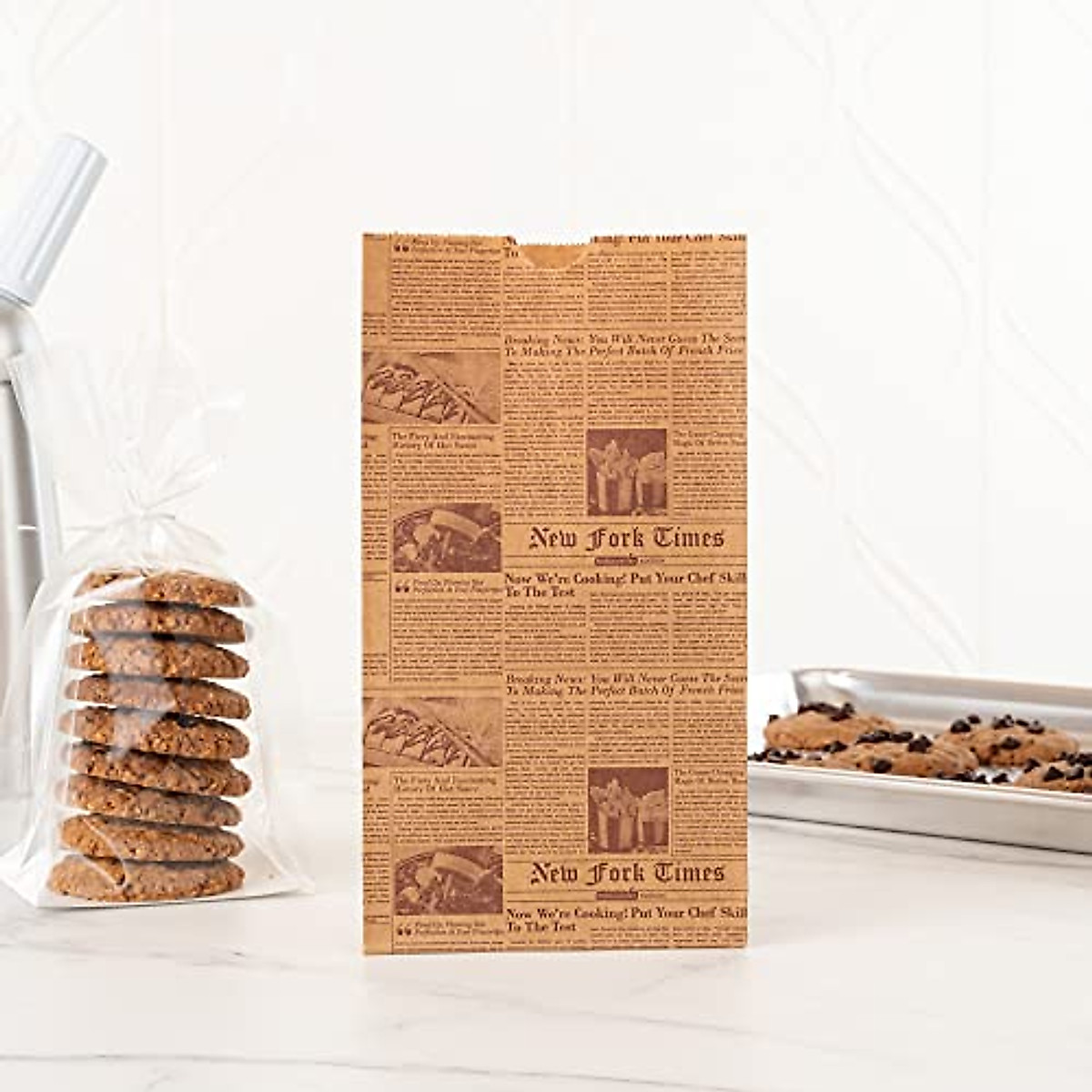 Restaurantware Bag Tek 4 Lb Disposable Lunch Bags 100 Sturdy Take Out Bags - Flat Bottom Microwavable Kraft Newsprint Design Paper Bags Freezable Great For Restaurants Cafes And Bakeries