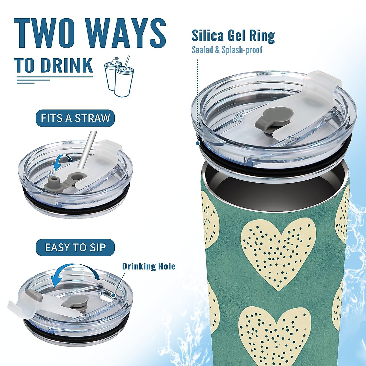 QWEUIOP 20oz Insulated Travel Coffee Mug Abstract Green Heart Pattern Stainless Steel Tumbler with Lid Double Wall Vacuum Coffee Cup For Hot and Cold Drinks14205