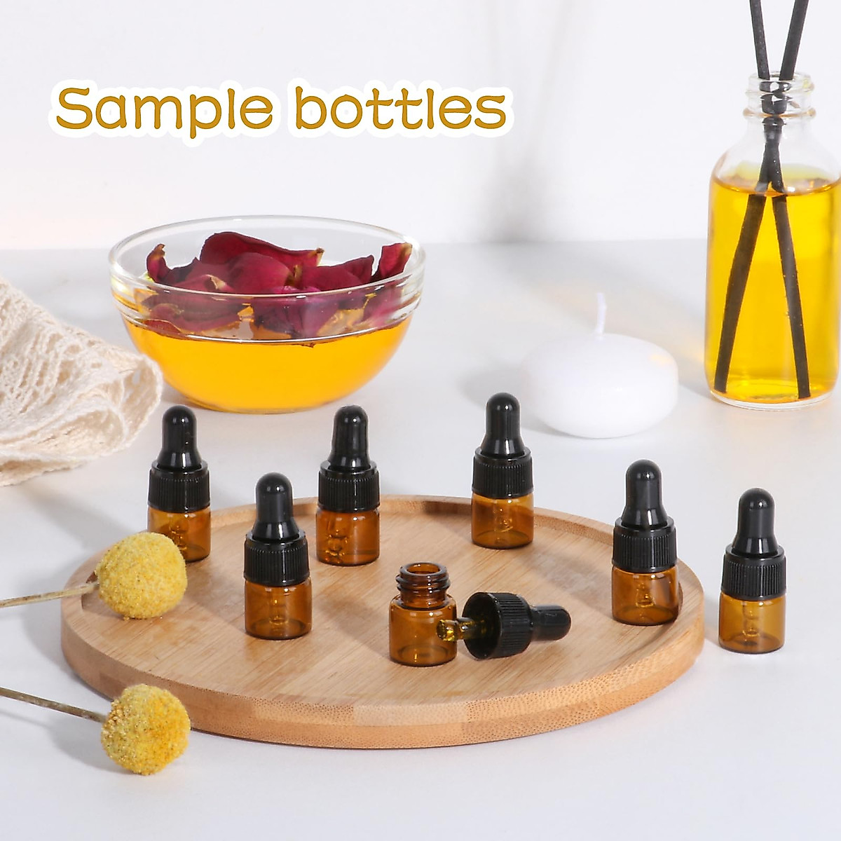 STARSIDE 50 pcs 1 ml Glass Essential Oil Dropper Bottles,1/4 Dram Amber Mini Perfume Dropping Bottle Cosmetic Sample Vials,Small Essential Oil Bottle
