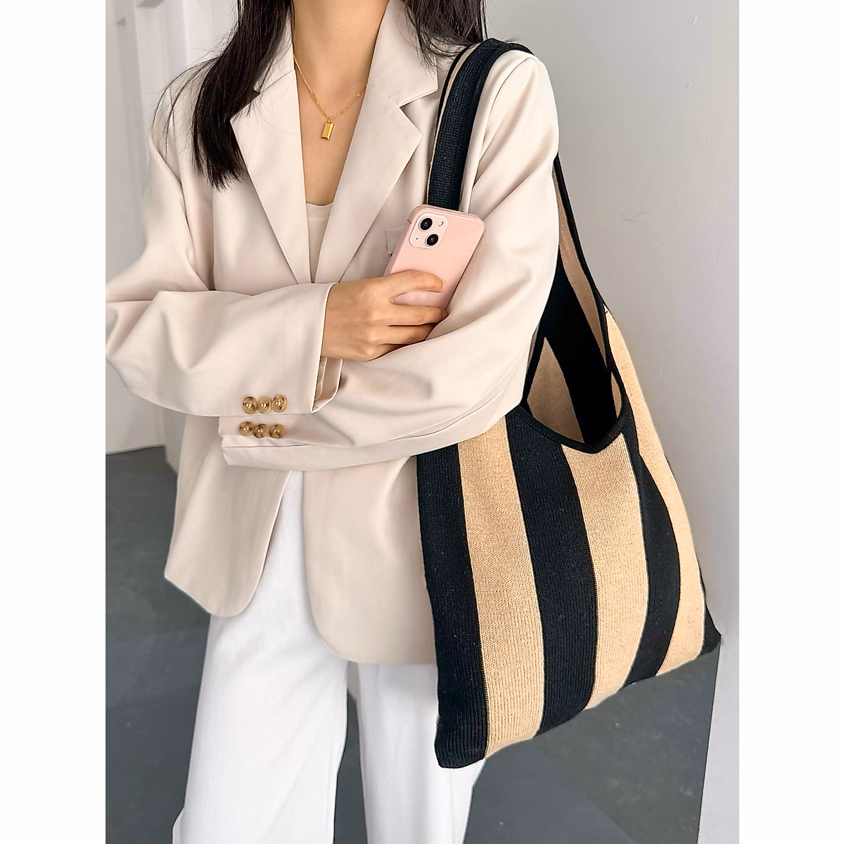 ENBEI The tote bags for women aesthetic Shoulder HandbagsShoulder Shopping Bag crocheted Bags large large tote Bag cute (Black khaki stripes)