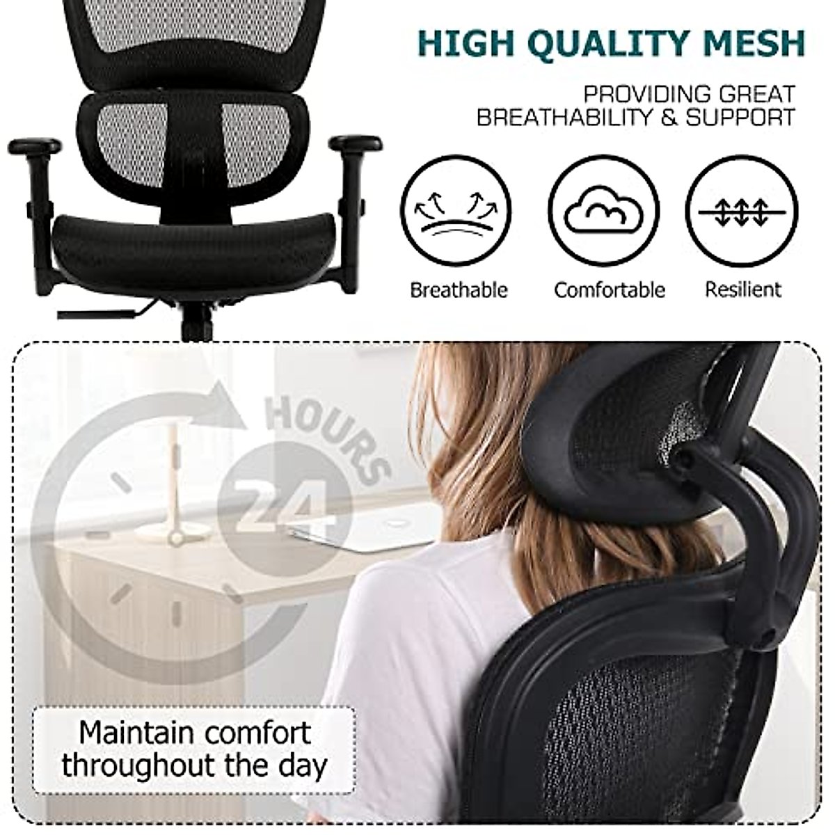 SMUG Ergonomic Office High Back Computer, Mesh Home Desk Lumbar Support, Tilt and Lock, Comfy Rolling Executive Swivel Task Chair with 3D Adjustable Headrest and Armrests, Black