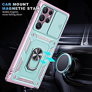 DAWEIXEAU Case for Galaxy S22 Ultra, Shockproof Impact Resistant with Slide Lens Protective Cover Case for Samsung Galaxy S22 Ultra (Green Pink)