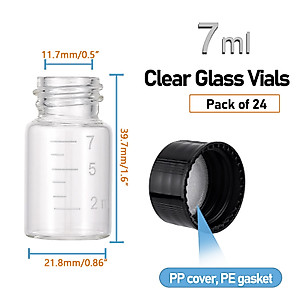 Njvial 24Pcs 7ml Small Glass Vials with Lids Lab Sample Vials Empty Refillable Perfume Travel Mini Glass Bottles with Screw Caps for Essential Oils(12Pcs Bottles with Graduated Measuring Scale)