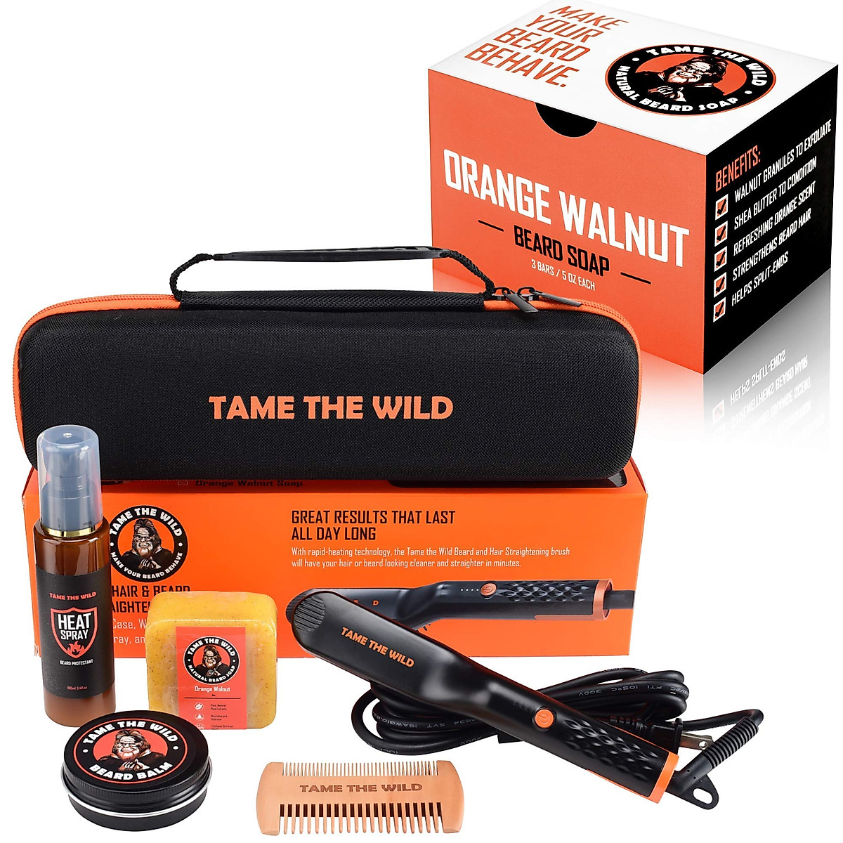 Tame's Easy Glide Beard Straightener Essential Kit and Tame's Orange Walnut Beard Soap Bundle