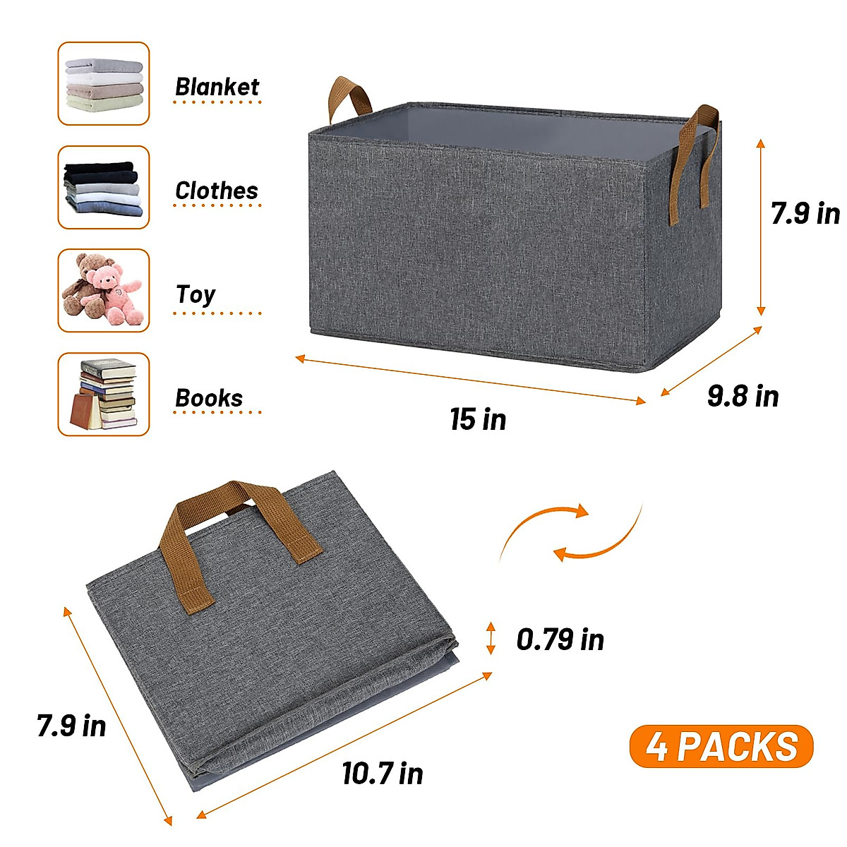 HNZIGE Large Storage Bins Closet Organizer,4 Pack Collapsible Shelf Organizer Shelves Basket Storage Bin,Fabric Foldable Bins Baskets for Clothes(15x9.8x7.9Inch,Gray)