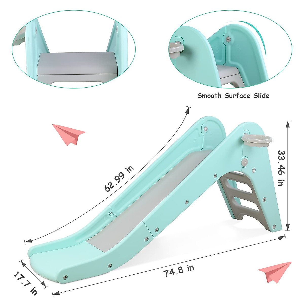 Arlopu Freestanding Kids Slide, Toddler Slide Climber with Basketball Hoop & Ball, Baby Playset w/Long Slope, for Boys and Girls Birthday, Sturdy Playground Toy for Indoor Outdoor (Robin Egg Blue)