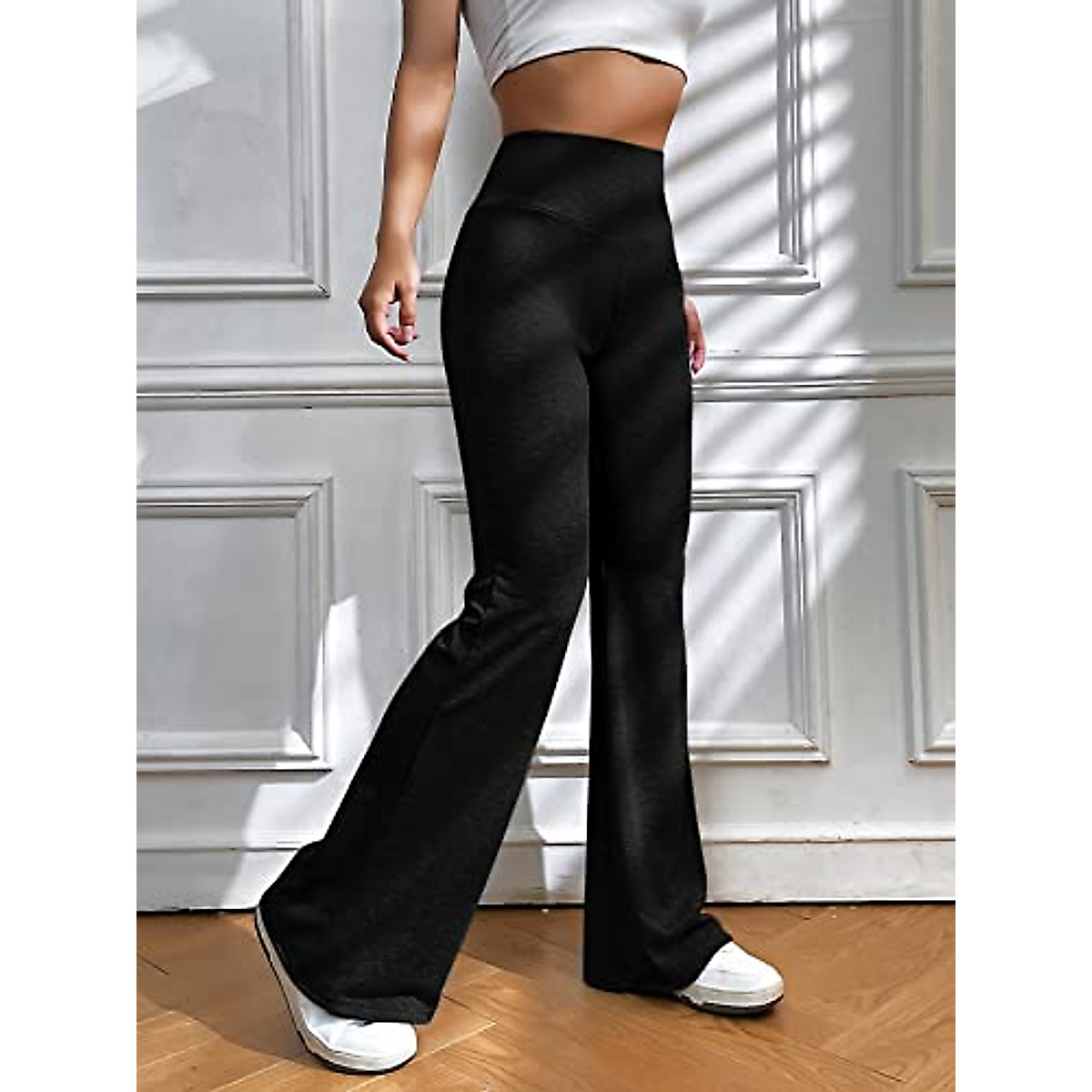 SOLY HUX Women's High Waisted Flare Leggings Sweatpants Bell Bottoms Bootcut Yoga Pants Plain Solid Black S