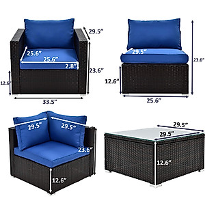Merax Patio Furniture Sets, 6 PCS Outdoor Patio Sectional Sofa Set, All Weather PE Wicker Rattan Conversation Set with Glass Table & Cushions, Brown+Blue