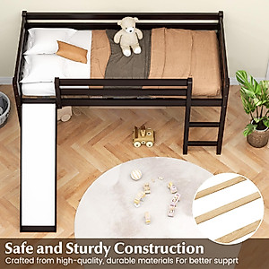 NAFORT Twin Loft Bed with Slide, Low Loft Bed with Stairs, Solid Wood Twin Loft Bed Frame for Girls Boys with Climbing Ladders Guard Rails and Slat Support (Espresso)