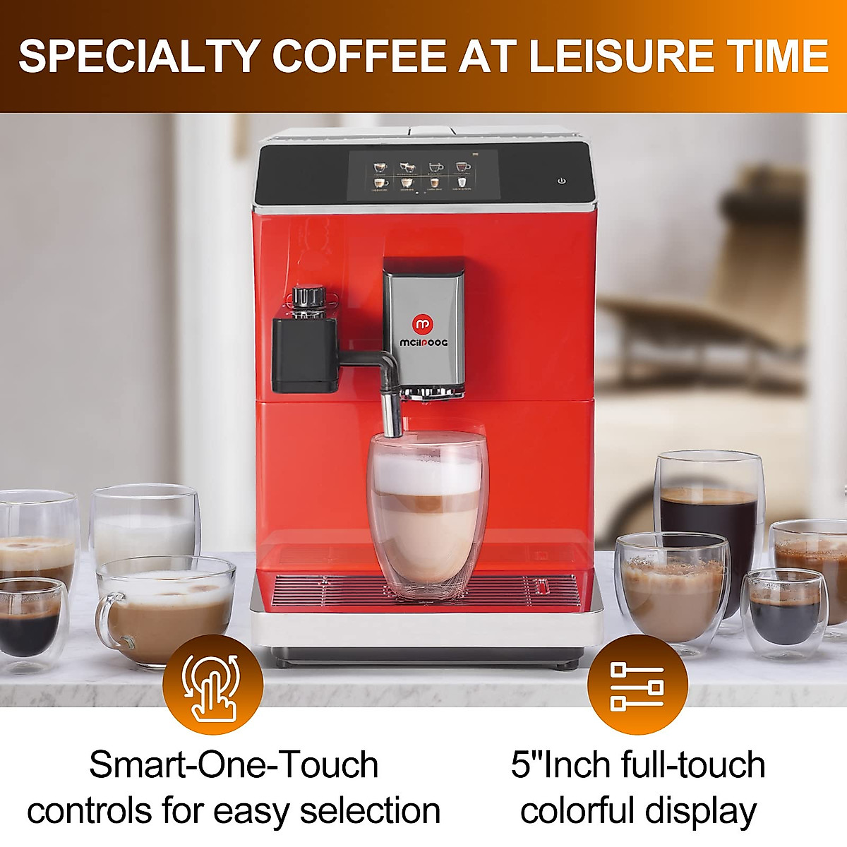 Mcilpoog Super Automatic Espresso Coffee Machine,Fully Automatic Espresso Machine With Grinder, Easy To Use Touch Screen Coffee Maker with Milk Frother.16 Coffee Recipes.(WS-203 Red)