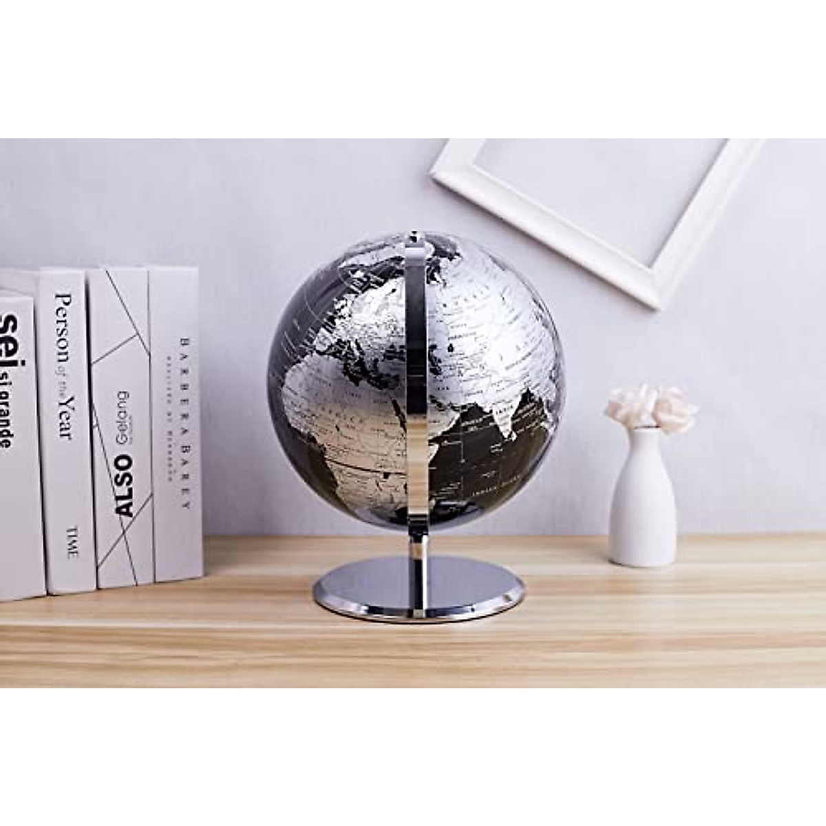 ANNOVA Metallic World Globe Black – Educational/Geographic/Modern Desktop Decoration - Stainless Steel Arc and Base/Earth World - Metallic Black - for School, Home, and Office (10-Inch)