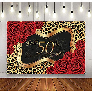 Sexy Leopard Print red Rose Theme for Girl's Woman's 50th Birthday Party Birthday Party Photography Background, Girl Party Banner Dessert Table Decorated 4x6ft