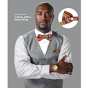 Vittorio Farina Premium African Kente Pre-Tied Bow Ties & Pocket Square Set for Men (Kente #1)