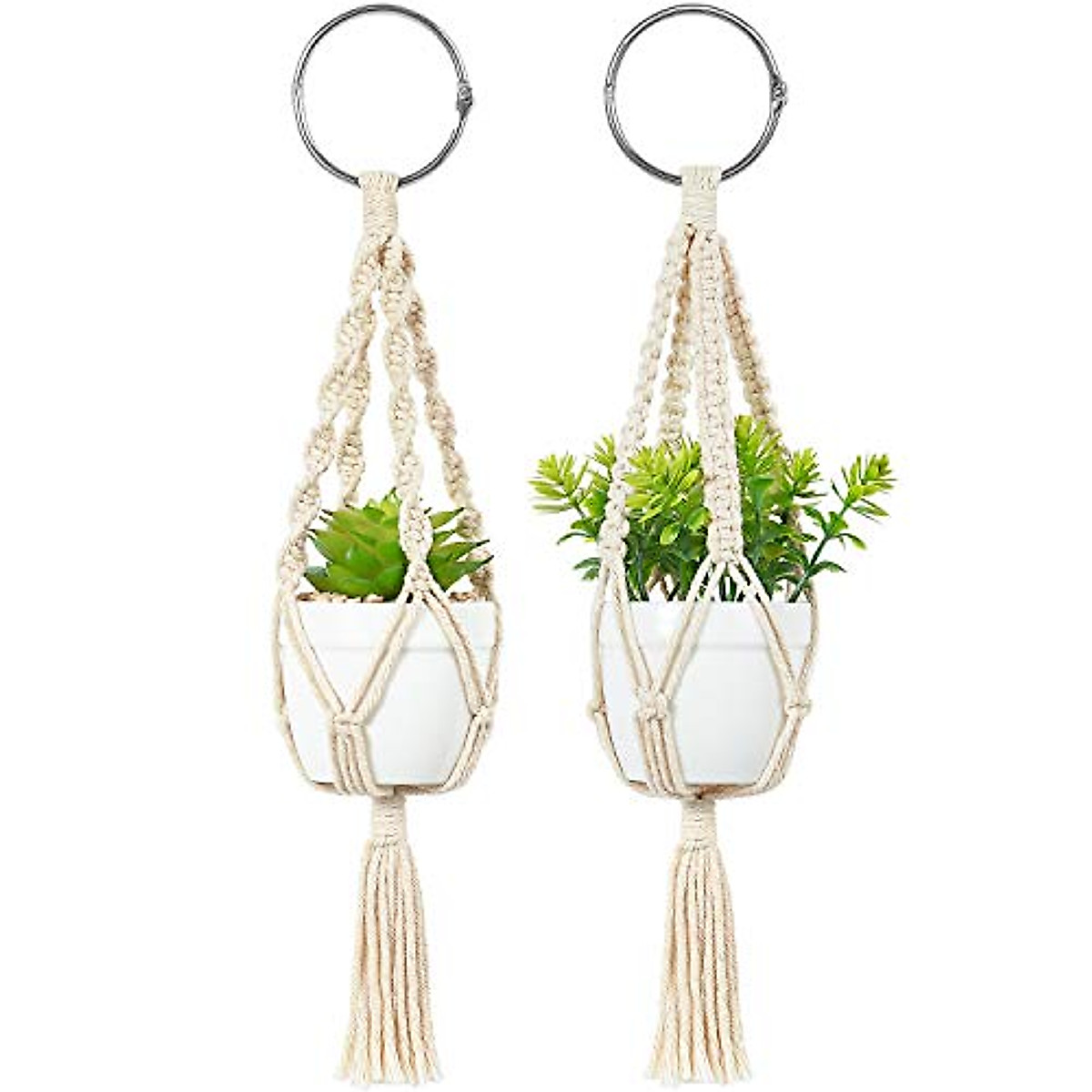 Mkono Mini Macrame Plant Car Accessories Rear View Mirrior Charm Cute Hanging Rearview Car Decor Boho Hanger with Artificial Succulent Plants Gifts for Plant Lover Set of 2, White