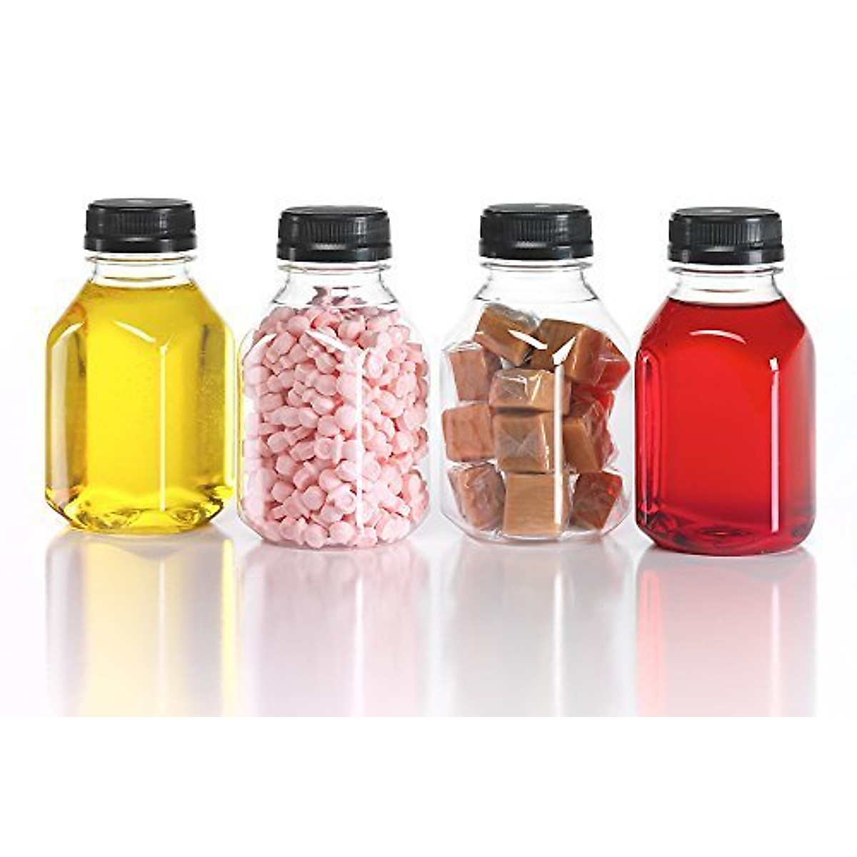 (6) 8 oz. Clear Food Grade Square Plastic Juice Bottles with Black Tamper Evident Caps 6/pack