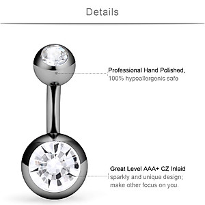 SCERRING 14G 6mm 1/4 Inch G23 Titanium Short Belly Button Rings Earring Navel Ring Barbell Body Piercing Retainer Double Jeweled Clear CZ Sold by Piece