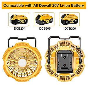Portable Camping Fan with 9W LED Lantern, Powered by Dewalt 20V Li-ion Battery, Battery Operated Fan Ceiling Tent Fan with Hook, 180°Head Rotation Outdoor Rechargeable Fan for Hiking, Fishing, Travel