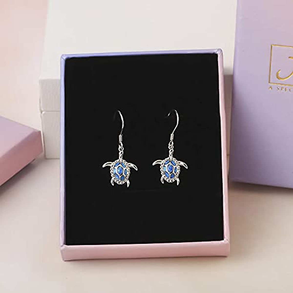 Sea Turtle Dangle Earring for Women - 925 Sterling Silver Blue Tortoise Drop Earring Beach Jewelry Gift for Ocean Lover