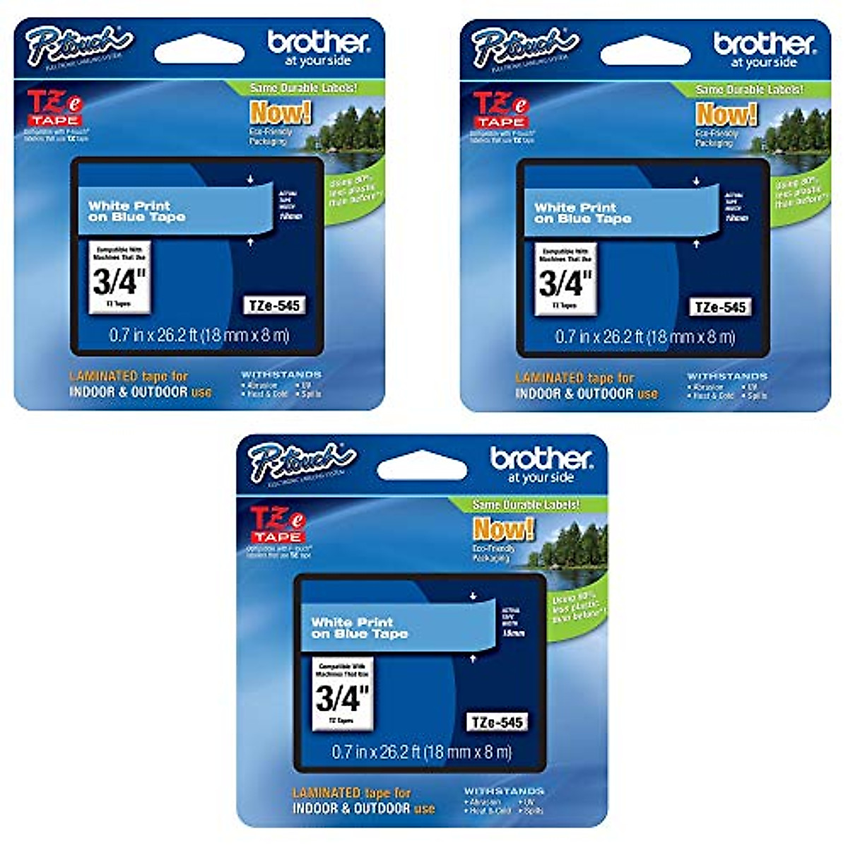 Brother Genuine P-Touch TZE-545 Tape, 3/4" (0.7") Standard Laminated P-Touch Tape, White on Blue, for Indoor or Outdoor Use, Water-Resistant, 26.2 ft (8 m), Single-Pack (3)