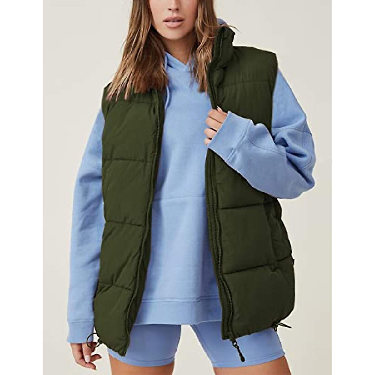 Watashi Women's Quilted Puffer Vest Stand Collar Fall Drawstring Zip Up Sleeveless Gilet Jacket(ArmyGreen-M)