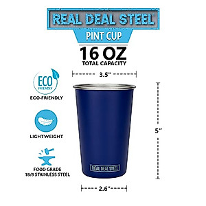 Real Deal Steel Party Pints: 16 oz Pint Cups, Stackable Tumblers, Eco Friendly Premium Metal Drinking Glasses
