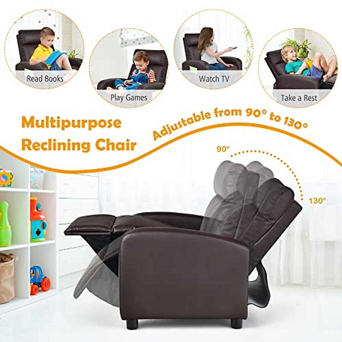 Costzon Kids Recliner, Adjustable PU Leather Lounge Chair w/Side Pockets, Footrest, Headrest for Kids Room & Play Room, Easy to Clean, Padded Recliner Sofa for Children Boys Girls Aged 3-12 (Brown)