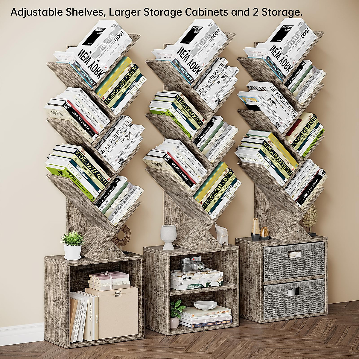 Vagusicc 6 Tier Tree Bookshelf, Modern Floor Standing Bookcase with Storage Drawer, Space Saving Storage Organizer Book Shelves for Books, Tall Wood Storage Rack for Bedroom/Living Room/Home Office