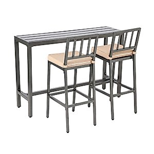 ONLYCTR Outdoor Bar Chairs and Table, Metal Outdoor Bar Set, 3 Piece Patio Bar Table Set with Bar Stools & Cushions for Backyard, Porch, Bistro, Balcony (Gray, 47" Table, 2 Vertical Back stools)