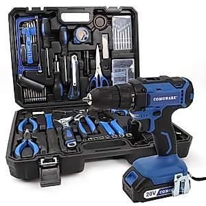 COMOWARE 120 Pcs Home Tool Kit with Drill, 20V Power Tool Combo Kits with 2.0 Ah Li-ion Battery & Charger, 25+1 Clutch, Tool Sets for Men, Household Tool Set for Garden Office Home Repair, Blue Case