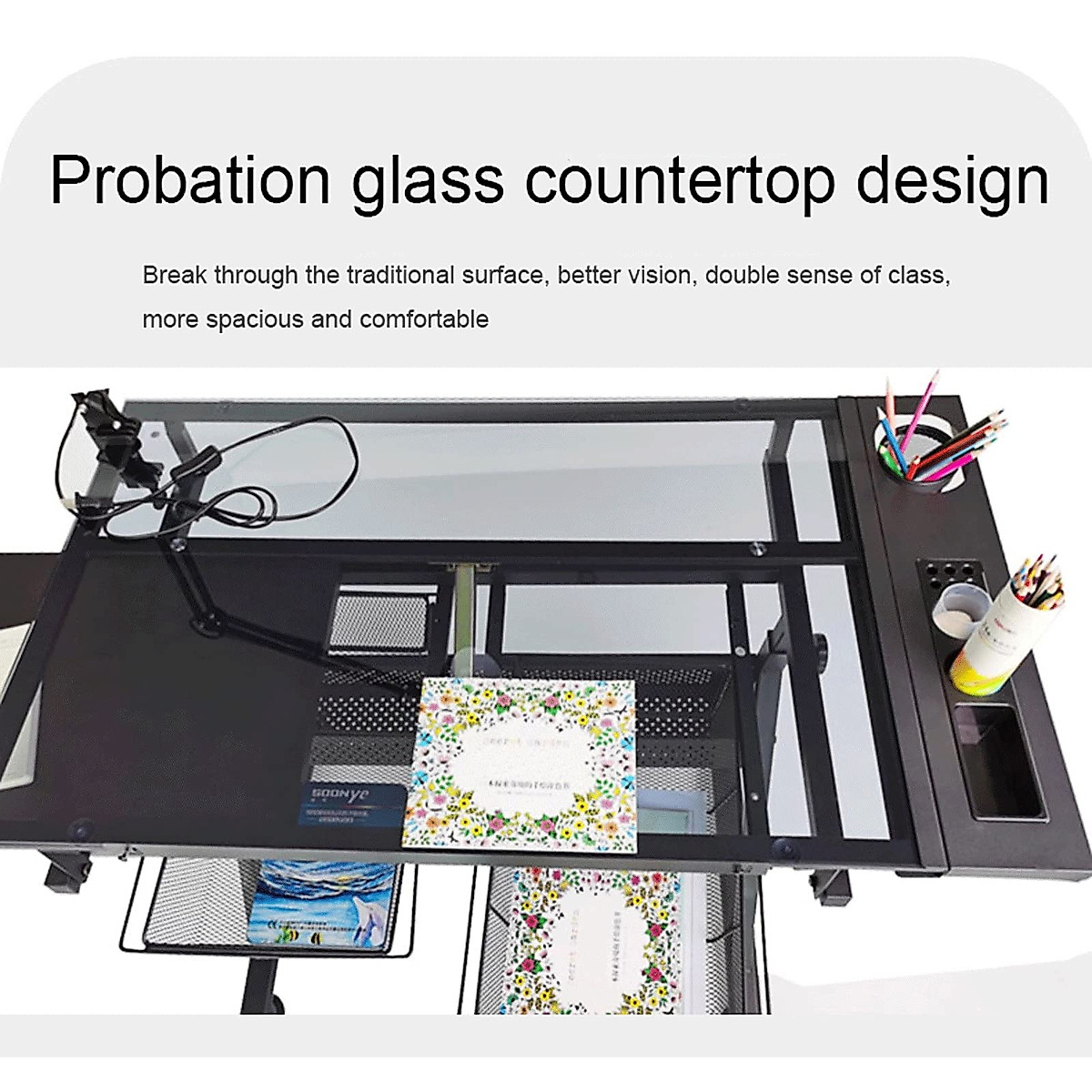 EESHHA Drawing Table Adjustable Glass Drafting Table,Versatile Art Study Table,with Storage Drawers,Art Studio Design Sketching Painting Work Station