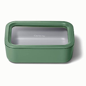 Caraway Glass Food Storage, 6.6 Cup Glass Container,Ceramic Coated Food Container,Easy to Store, Non Toxic, Non Stick Lunch Box Container with Glass Lids. Dishwasher, Oven,Square Shape,Sage