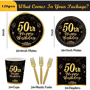 Lousuip 120Pcs 50th Birthday Party Supplies Plates Napkins Cups Forks Tableware Set Gold Black Happy 50th Birthday Themed Disposable Tableware Decoration Serves 24 Guests for Women and Men