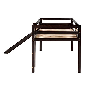 Harper & Bright Designs Kids Low Loft Bed with Slide, Twin Size Wooden Loft Bed Frame, Espresso