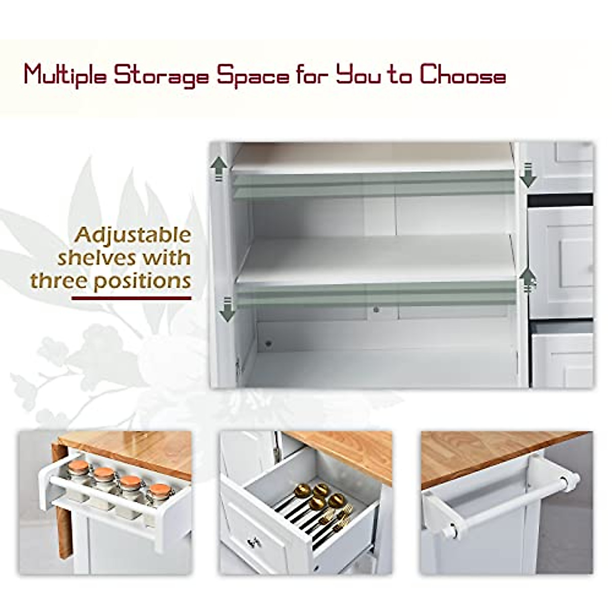 GLACER Kitchen Island Cart on Wheels, Rolling Kitchen Island with Drop Leaf Top, Kitchen Trolley Cart with Drawers, Towel Rack & Bottle Rack, 53.5 x 30 x 36 inches (White)