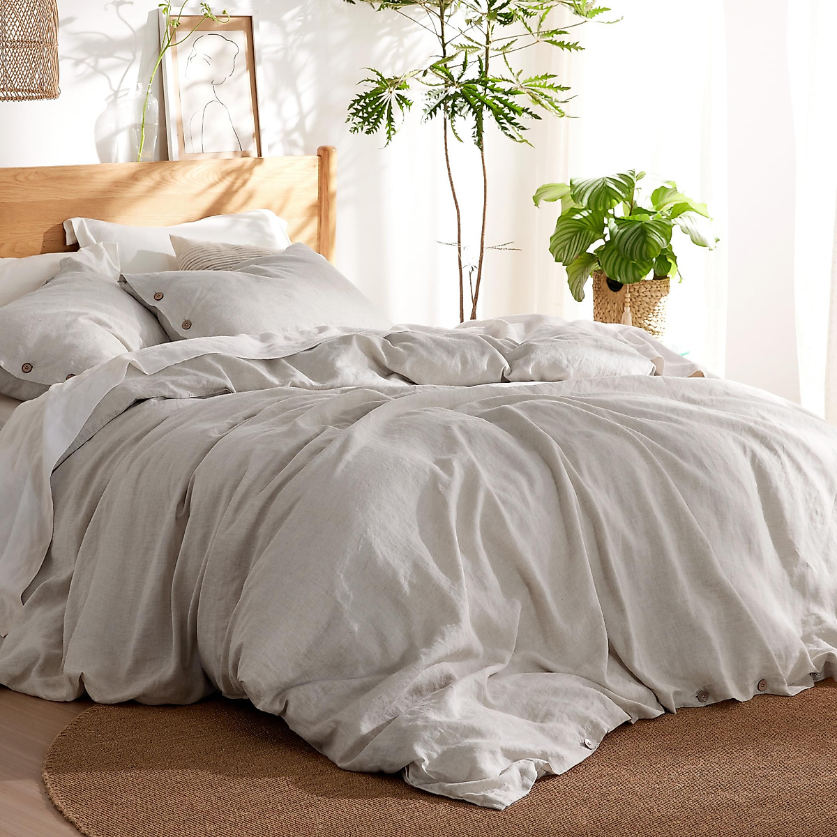 Bedsure Bundle of Linen Cotton Blend Duvet Cover Set and 100% Cotton Sheet Set, Queen Size