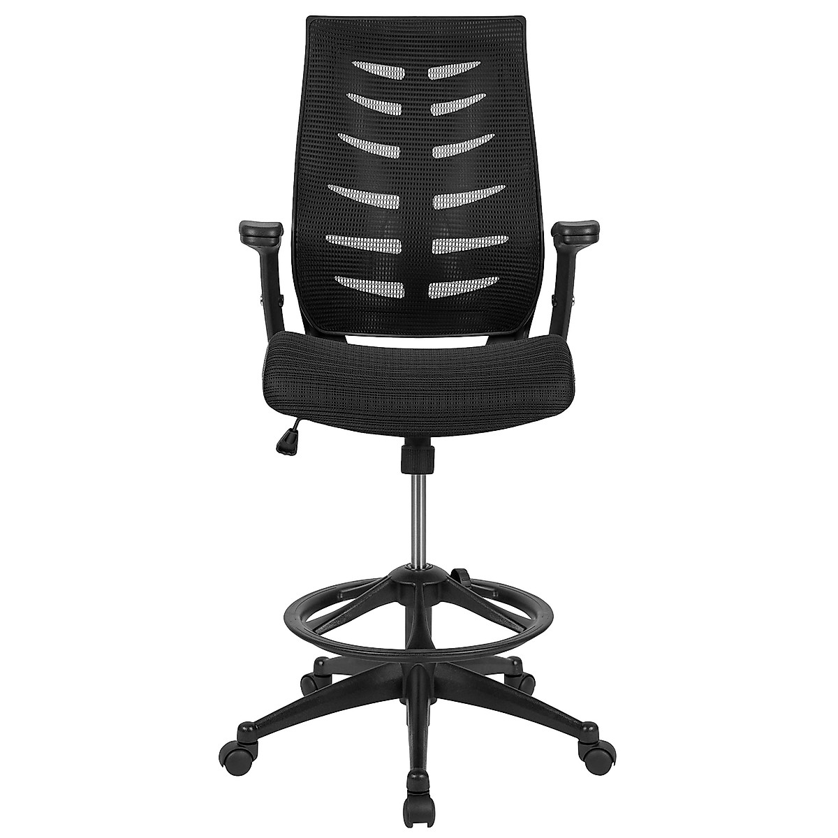 Flash Furniture High Back Black Mesh Spine-Back Ergonomic Drafting Chair with Adjustable Foot Ring and Adjustable Flip-Up Arms