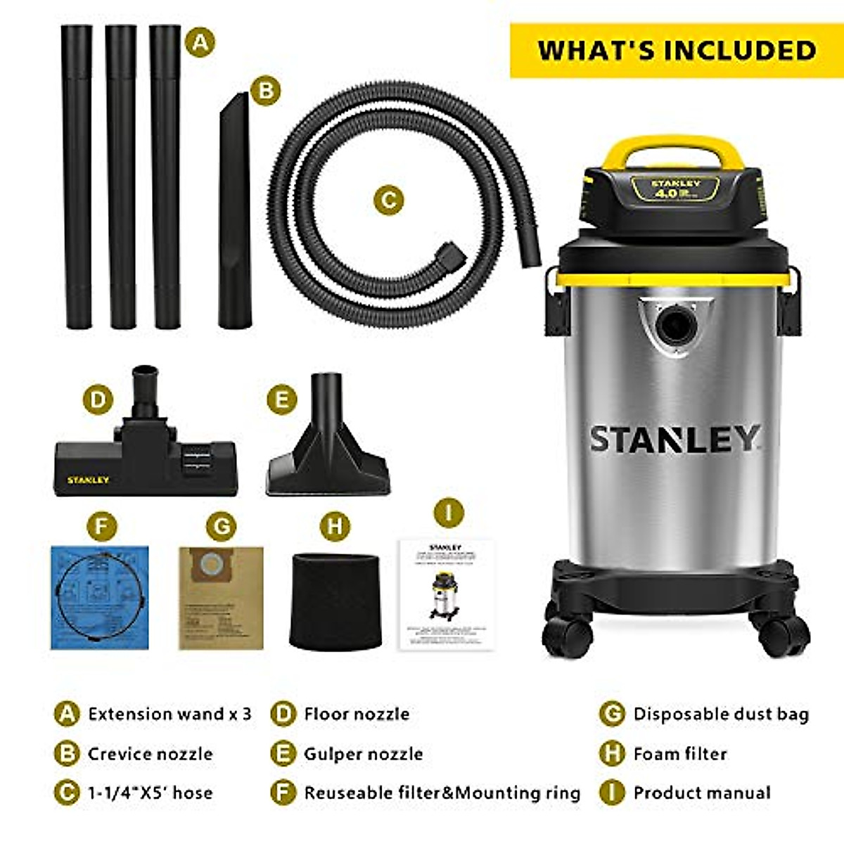 Stanley - SL18129 Wet/Dry Vacuum, 4 Gallon, 4 Horsepower, Stainless Steel Tank Silver+yellow