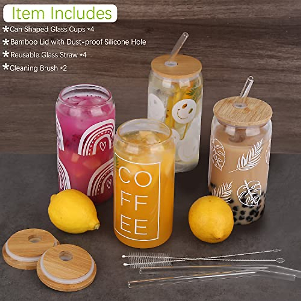 KAUND 4 PCS Ice Coffee Cup with Bamboo Lids and Glass Straw,16oz Sublimation Boho Printed Beer Can Glasses,Ideal for Cocktails,Whiskey,Beer,Soda and Gifts (C01-Boho)
