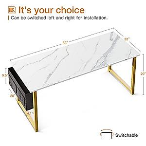 ODK 63 inch Super Large Computer Writing Desk Gaming Sturdy Home Office Desk, Work Desk with A Storage Bag and Headphone Hook, White Marble + Gold Leg