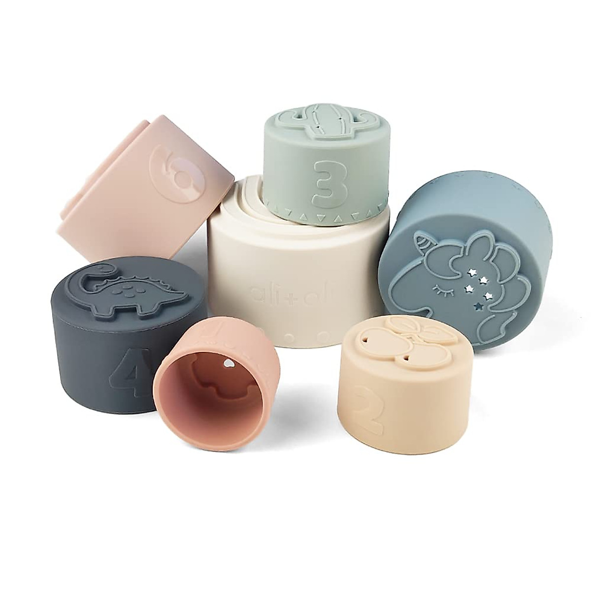 Ali+Oli Silicone Stacking Cups (7-pc), Educational Toys for Baby & Toddler, Baby Bath Toys, Baby Toys for Sensory and Development, Counting Silicone Toys, BPA-free Developmental Toys for Babies