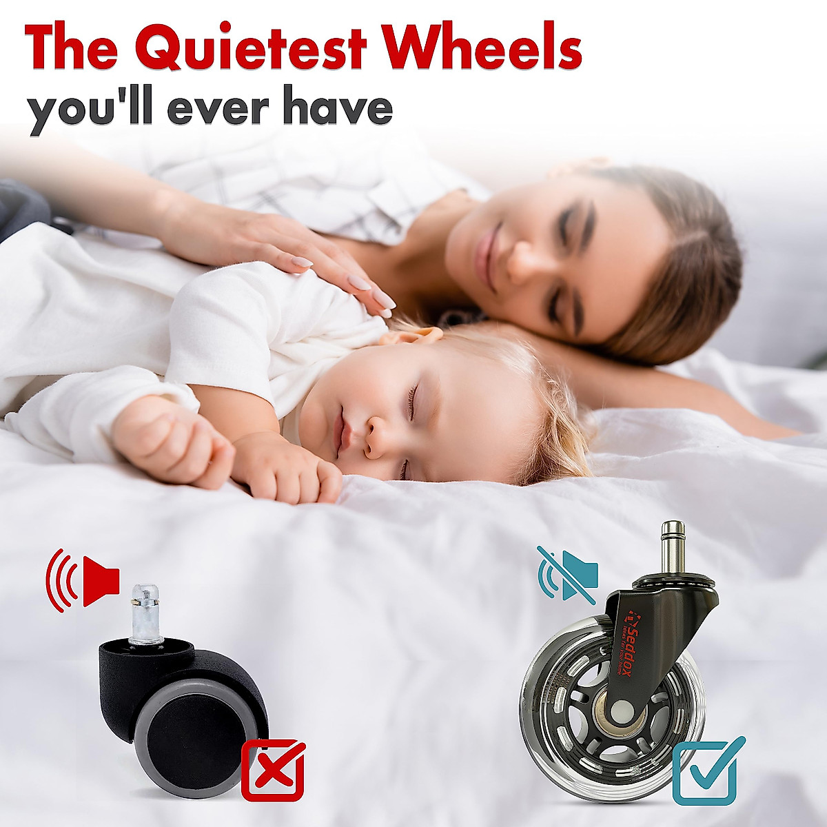 Professional Office Chair Caster Wheels GIFT SET of 5 - PROTECT ALL YOUR FLOORS - 3'' Heavy Duty Replacement Rubber Desk Chair Casters - Best Protection for Your Hardwood Floors