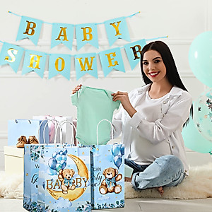 16 Pack Bear Baby Shower Bags with 16 Pcs Tissue Paper Gender Reveal Party Favor Gift Bags We Can Bearly Wait Baby Party Candy Goodie Treat Bags for Baby Shower Kids Birthday Party Supplies