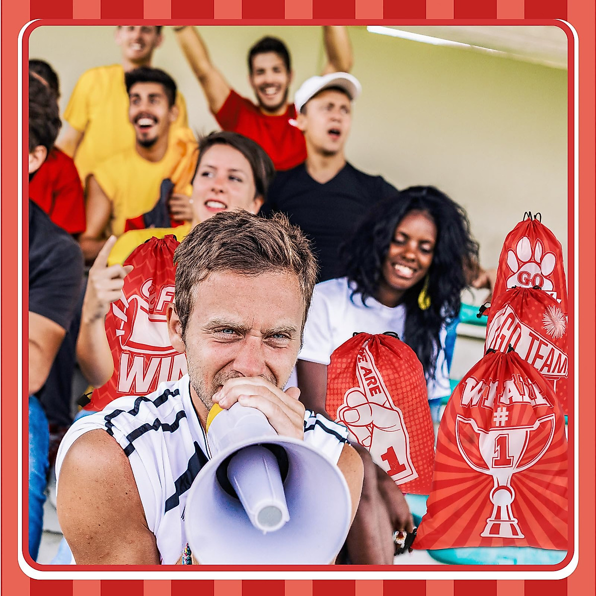 Paterr 12 Pack Team Spirit Drawstring Backpack Bags with We Are #1 Finger Gesture Polyester Red Drawstring Bag Bulk for Gym Sport Spirit Items Cheerleading Party Favors, 16.54 x 13.39 Inch