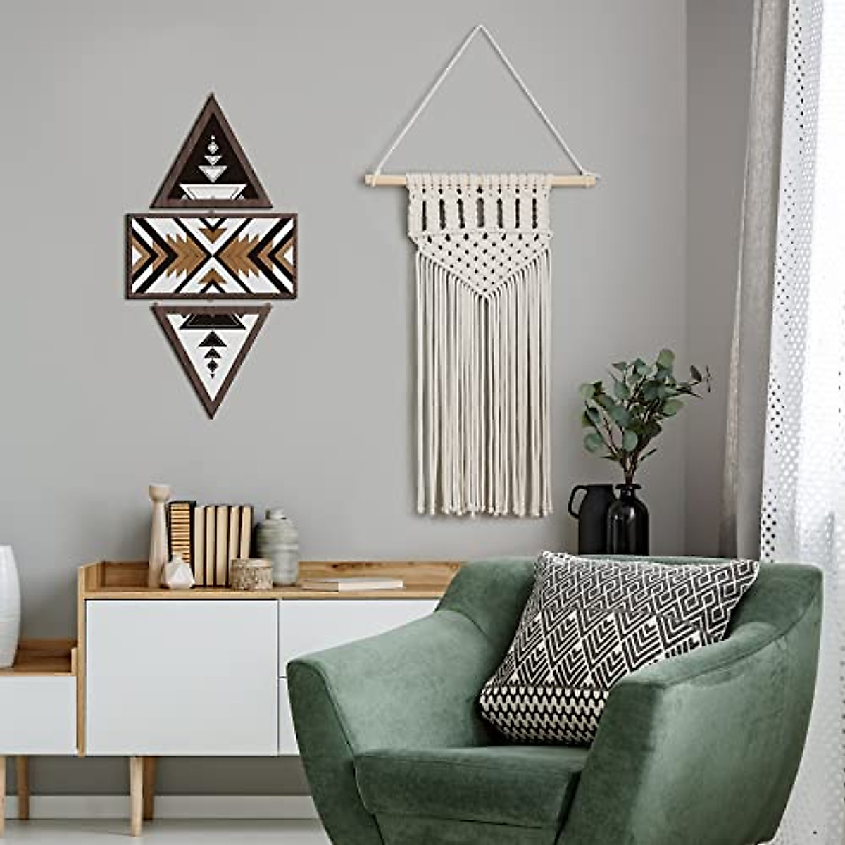 3 Pieces Wooden Aztec Sign Wall Art Farmhouse Home Wall Decor Wood Geometric Wall Hanging for Bedroom Living Room, Boho Wall Art Prints on Wood (Triangle Style)