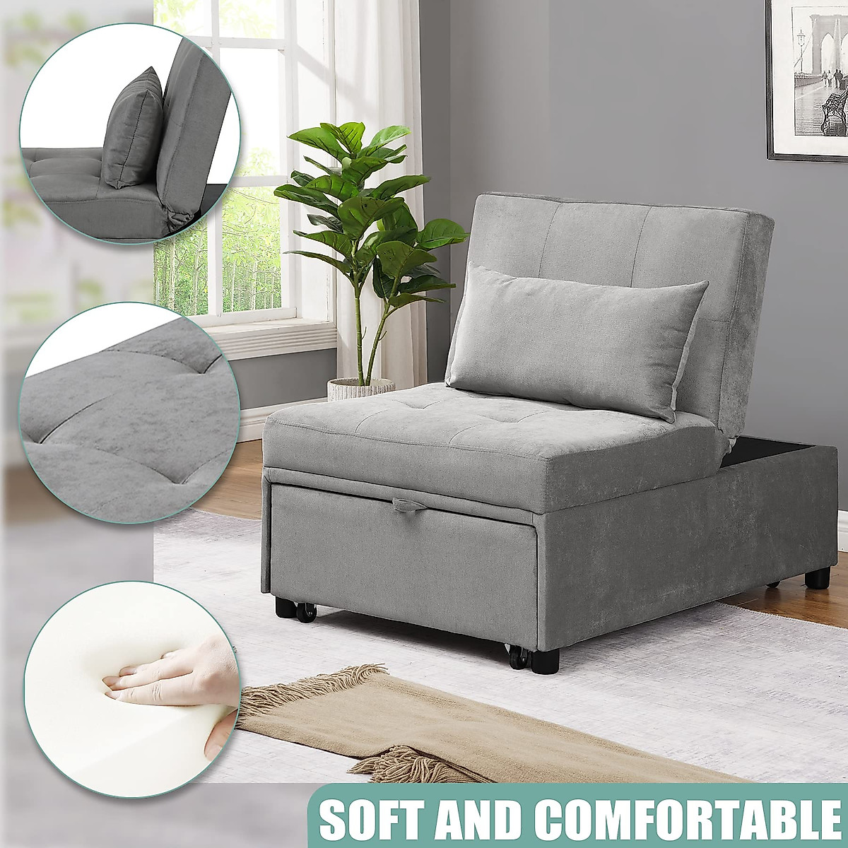 GEEVIVO Sleeper Chair Bed, Convertible Chair Bed 4 in 1 Multi-Function Folding Ottoman Bed Sofa Bed Modern Linen Fabric with Adjustable Backrest for Living Room/Small Apartment